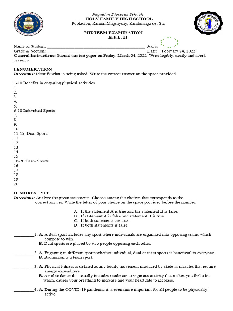 Grade 11 Midterm Examination | PDF | Sports | Clinical Medicine