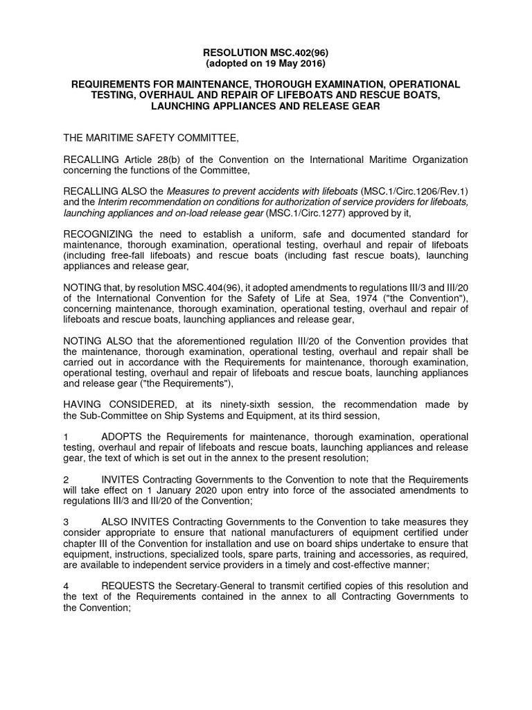 Res MSC.402 (96) - Requirements For Maintenance, Repair of Lifeboats ...