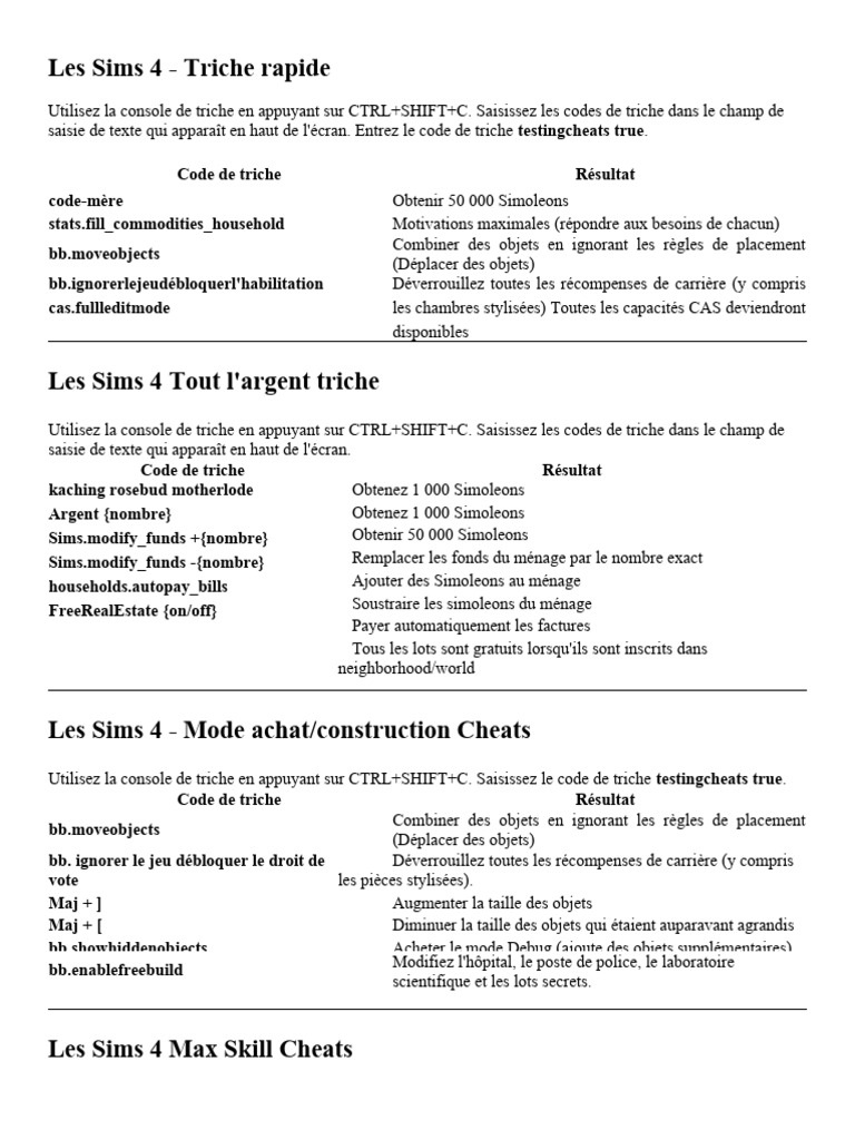 Triches essentielles pour Les Sims 4 | PDF | Triche dans les jeux vidéo ...