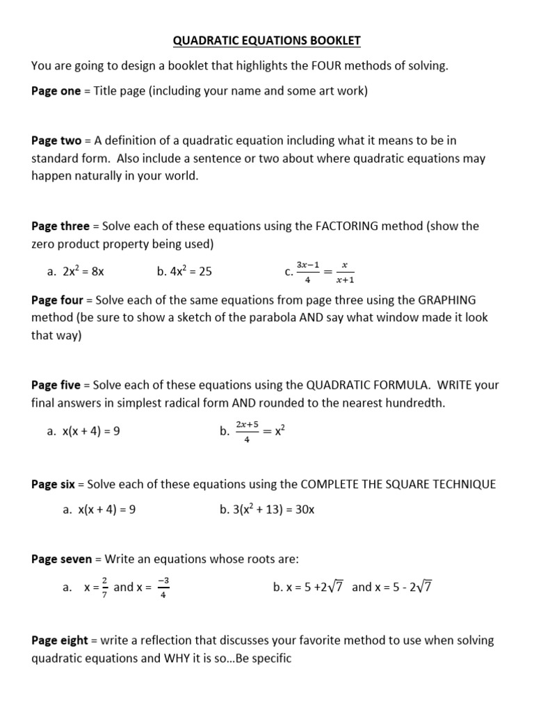 Quadratic Equations Booklet Pdf