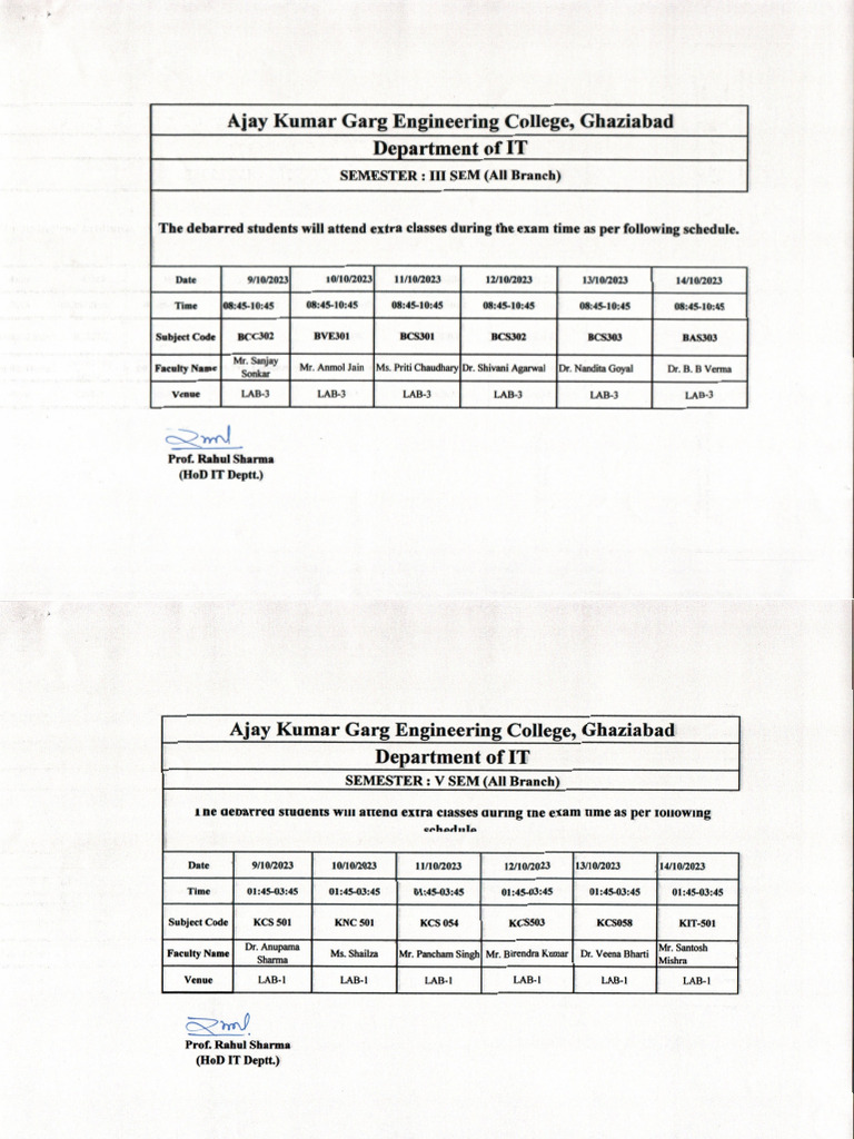 Time Table For Extra Class Debarred Students | PDF