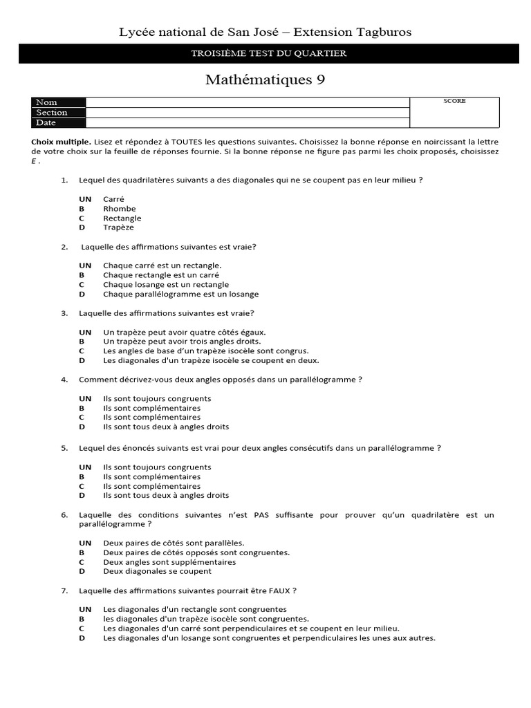 Examen Mathématiques 9ème 2024 | PDF | Géométrie | Géométrie