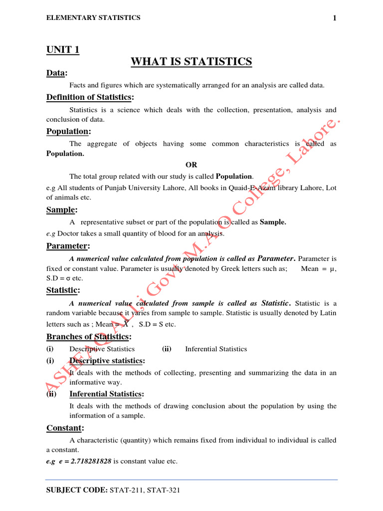 UNIT 1 Intorduction To Statistics | PDF | Statistics | Probability Distribution