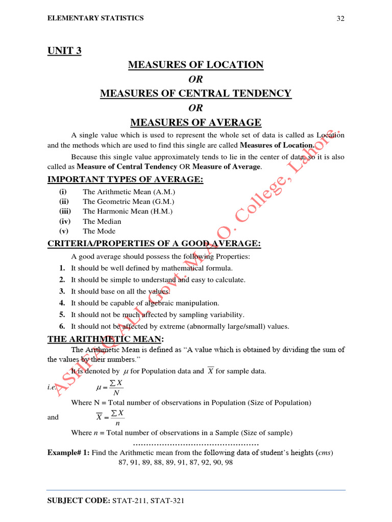 UNIT 3 Measures of Location | PDF | Mean | Average