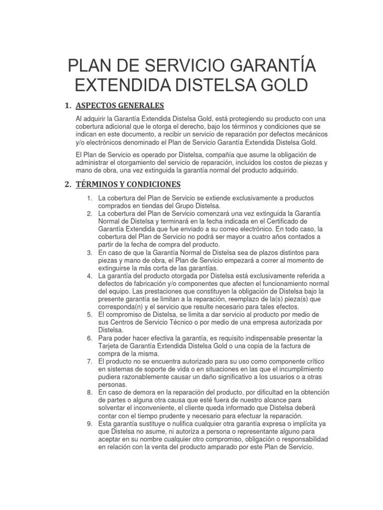 Plan de Servicio-Garantia Extendida Distelsa Gold-1 | PDF