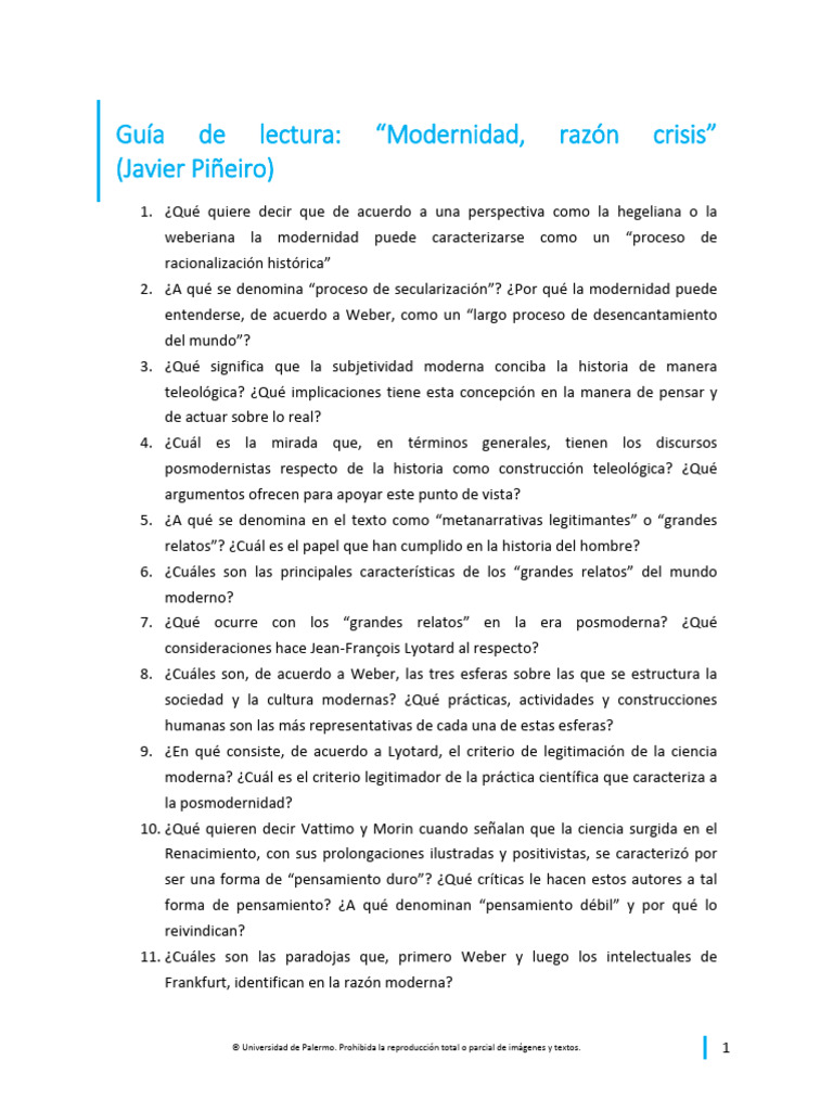 Guía Piñeiro - Modernidad, Razón Crisis | PDF