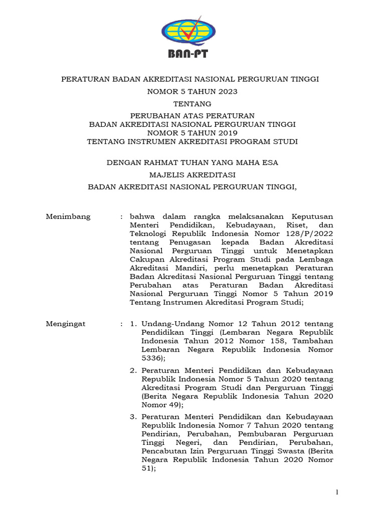 2023-Peraturan BANPT Nomor 5 Tahun 2023 | PDF | Bisnis