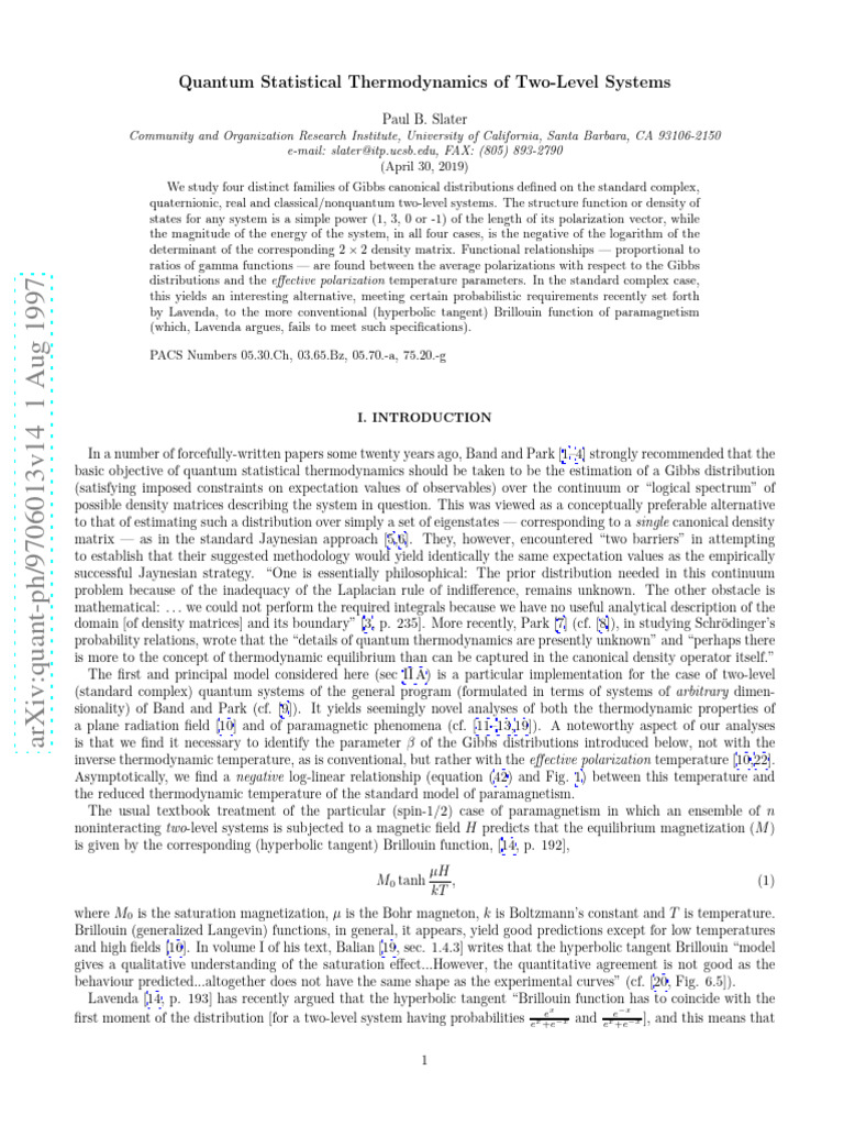 Quantum Statistical Thermodynamics Of Two Level Systems Pdf