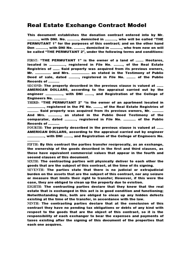 Real Estate Exchange Contract Template | PDF | Real Estate Appraisal ...