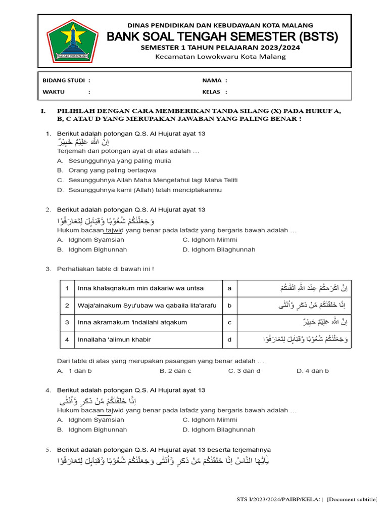 Bank Soal TS Paibp Kelas 4 SM 1 | PDF