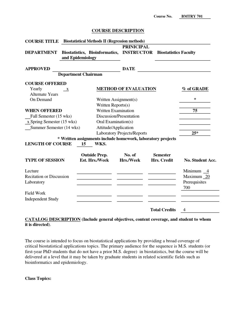 Biostatistical Methods II (Regression Methods) : Course No. BMTRY 701 | PDF | Analysis Of ...