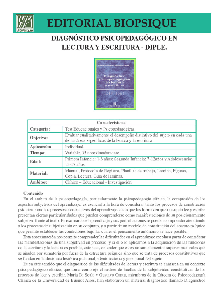 Esc 018 Diagnostico Psicopedagogico en Lectura y Escritura DIPLE | PDF ...