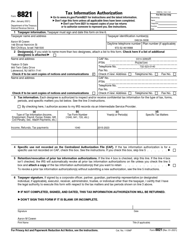 Tax Information Authorization: Form (Rev. January 2021) Department of ...