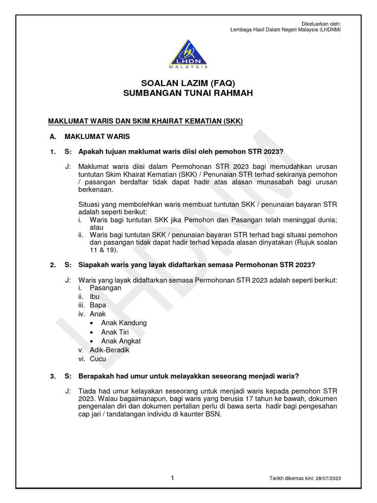 Soalan Lazim (Faq) Maklumat Waris Dan Skim Khairat Kematian (SKK) | PDF