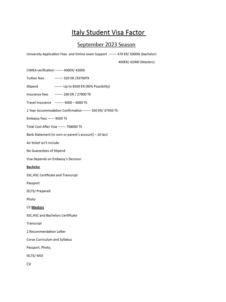 Italy Student Visa Cost Breakdown | PDF