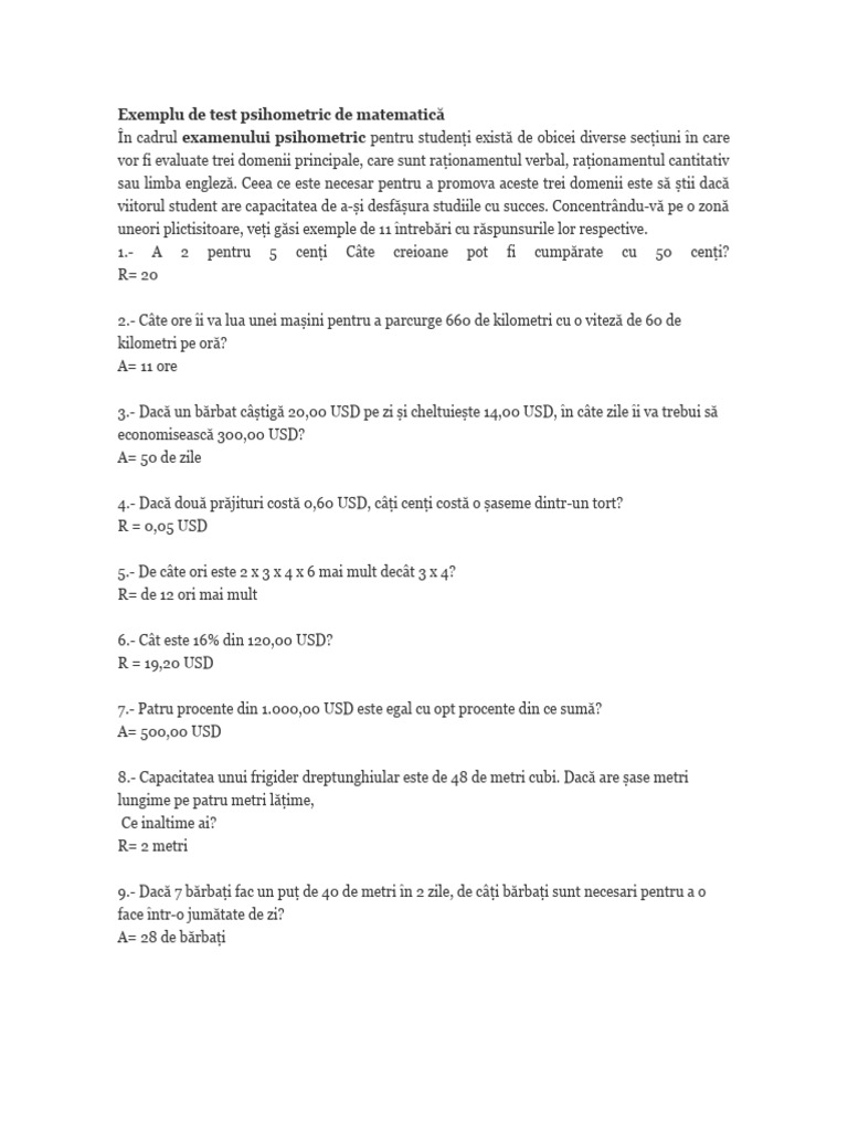 Exemplu de Test Psihometric de Matematică | PDF