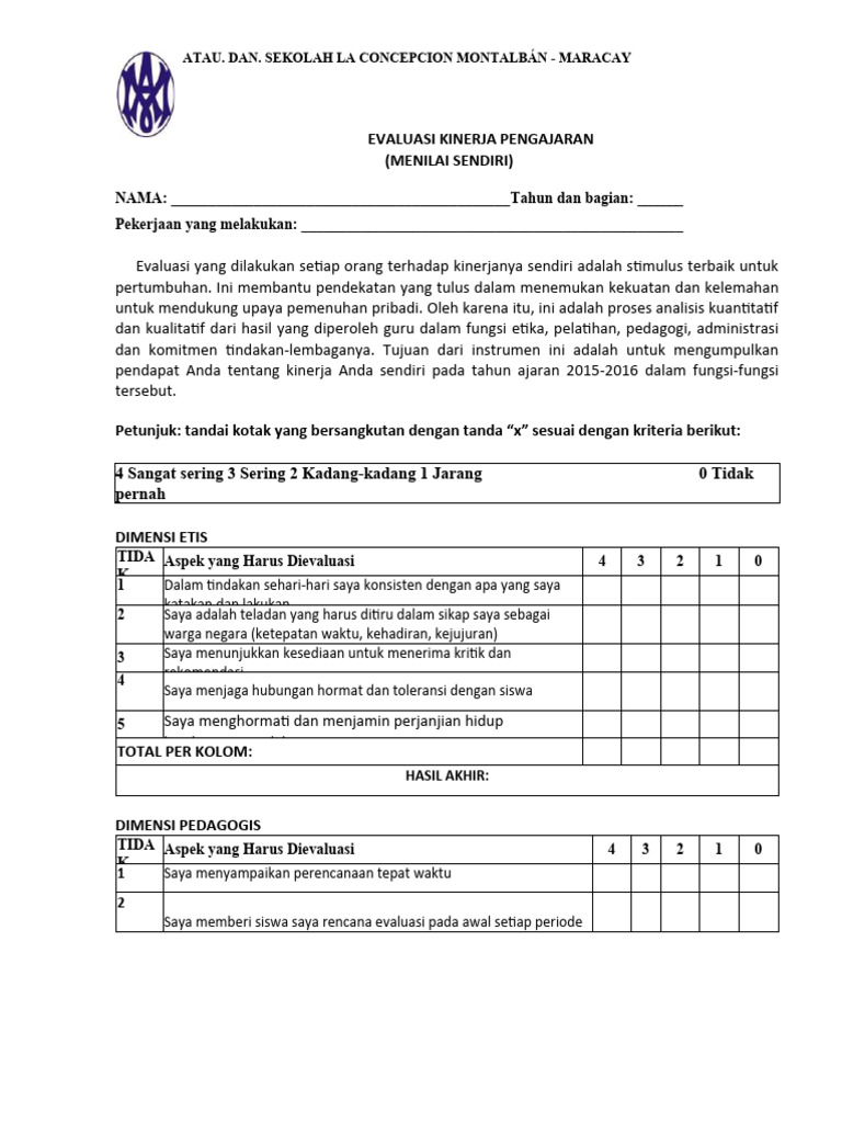 Format Evaluasi Diri Kinerja Mengajar | PDF