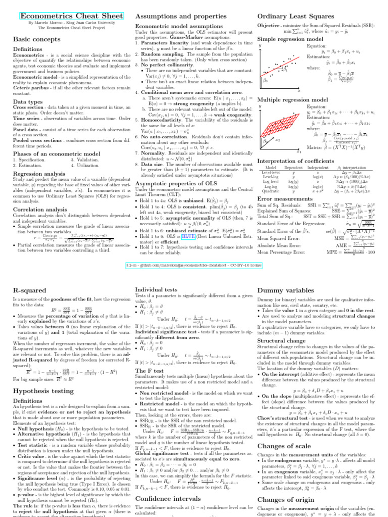Econometrics Cheatsheet En Download Free Pdf Ordinary Least Squares Errors And Residuals 