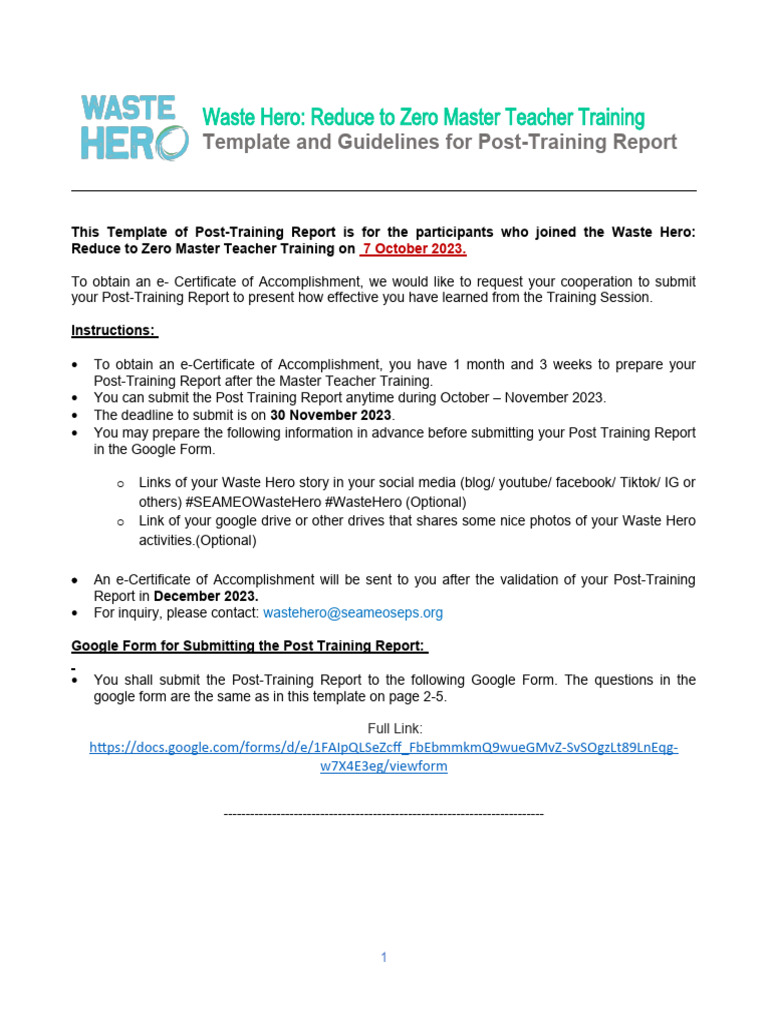 Template (7oct) - WH - Post-Training Report | PDF