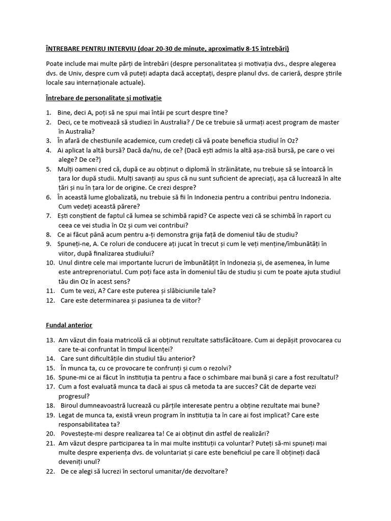 Întrebări Potențiale La Interviu | PDF