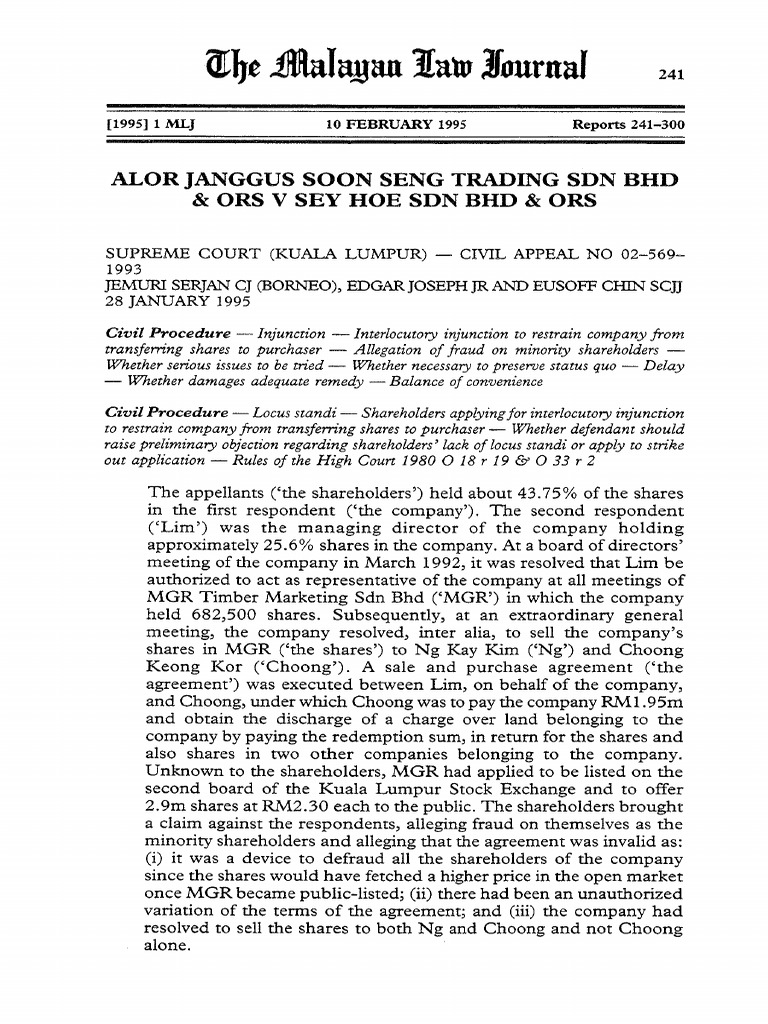 ALOR JANGGUS SOON SENG TRADING SDN BHD & ORS V SEY HOE SDN BHD & ORS | PDF