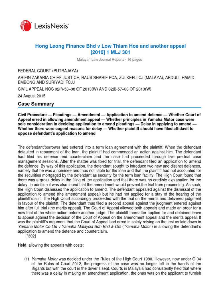 Hong Leong Finance BHD V Low Thiam Hoe and Another Appeal, (2016) 1 MLJ ...