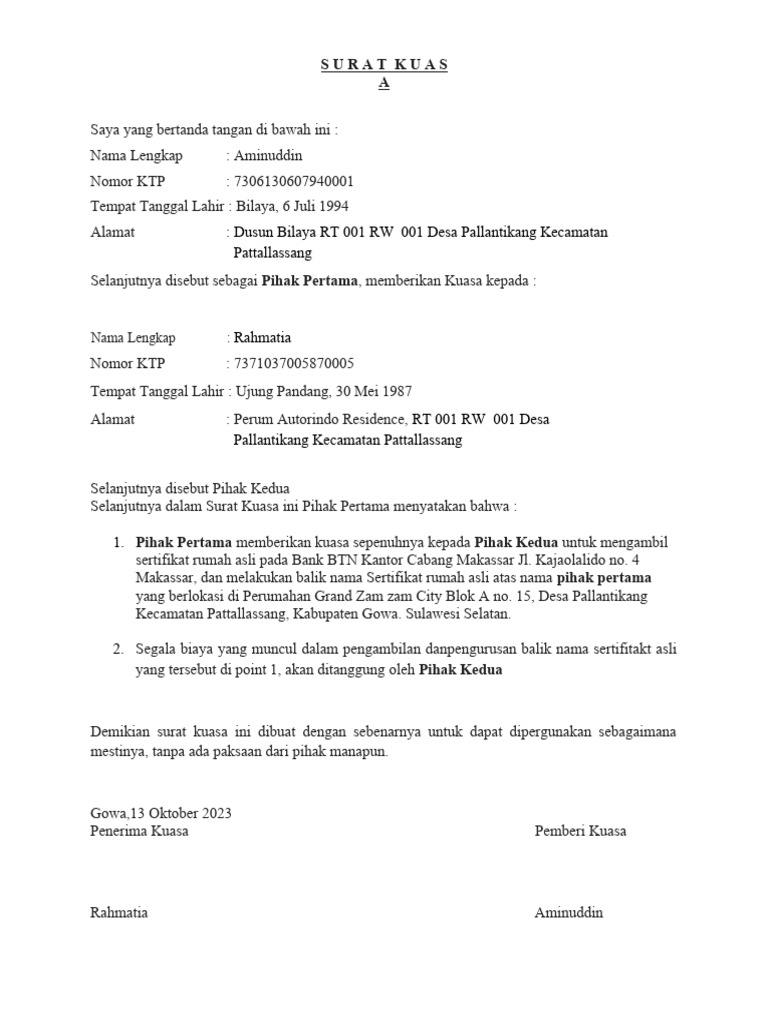 Contoh Surat Kuasa Balik Nama Sertifikat Tanah HGB | PDF
