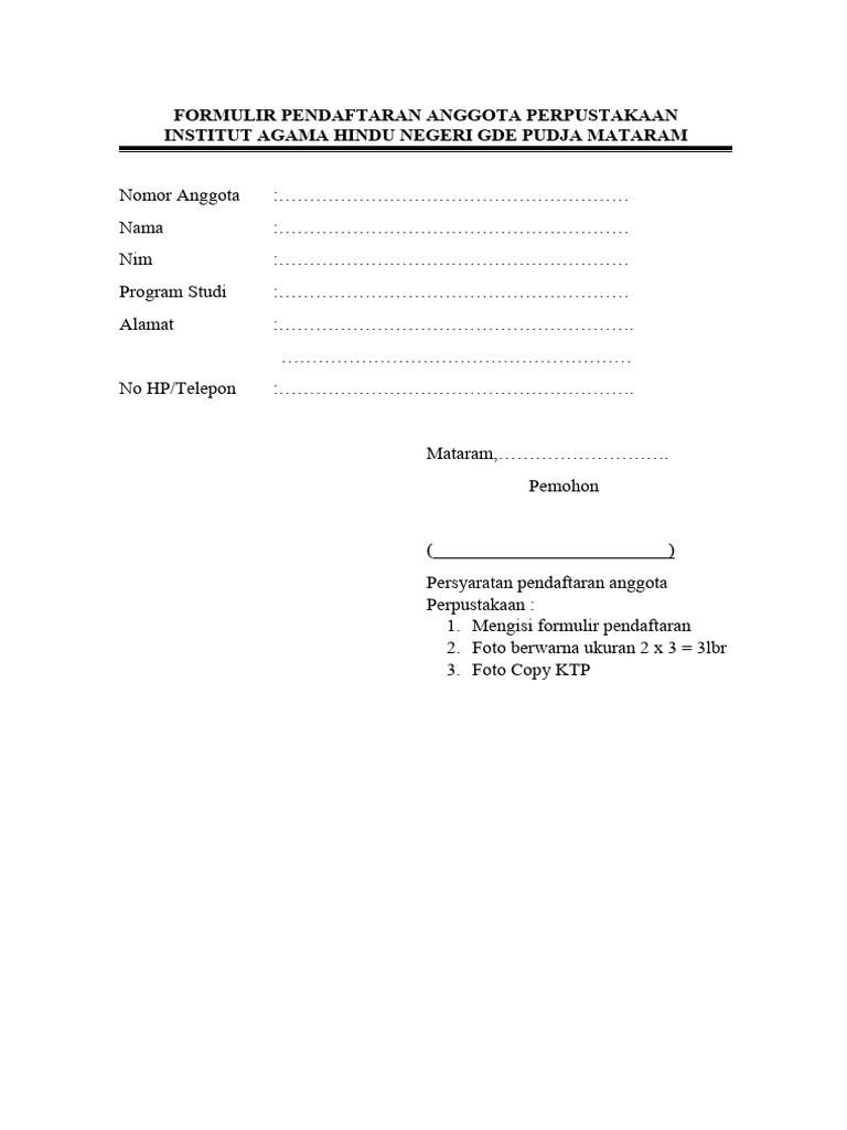 Formulir Pendaftaran Anggota Perpustakaan | PDF | Olahraga & Rekreasi ...