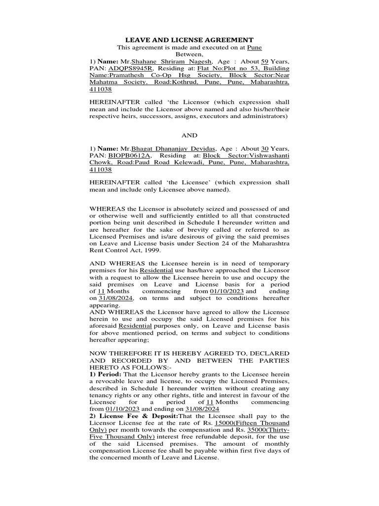 Agreement Draft MR - Shahane Shriram Nagesh | PDF | License | Landlord Agreement Draft MR - Shahane Shriram Nagesh | PDF | License | Landlord