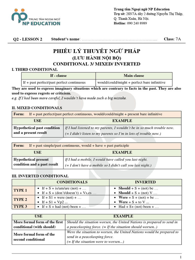 7A Q2 L2 LÝ THUYẾT CONDITIONALS 3, MIXED, INVERTED (GV) | PDF | Semantic Units | Languages