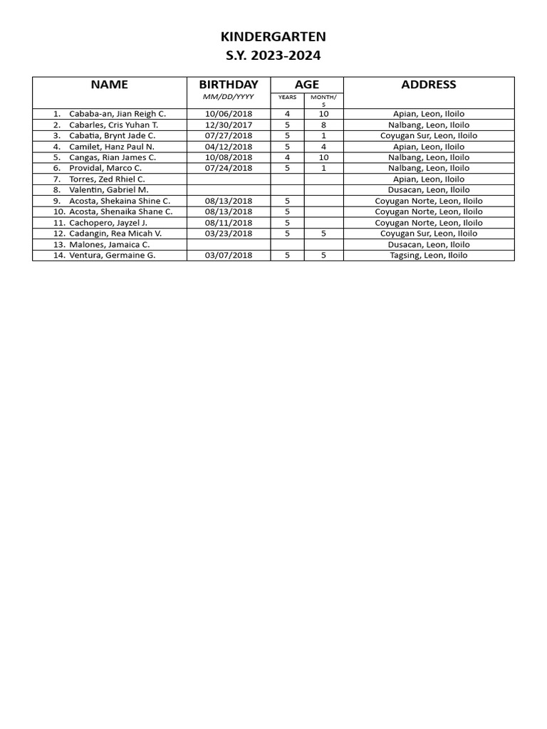 Kindergarten 2023 2024 | PDF