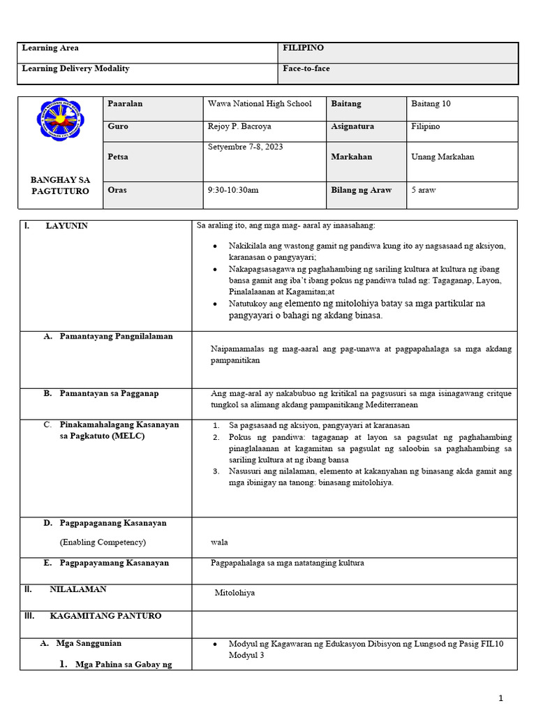 LESSON PLAN TEMPLATE- FILIPINO 10 3 | PDF