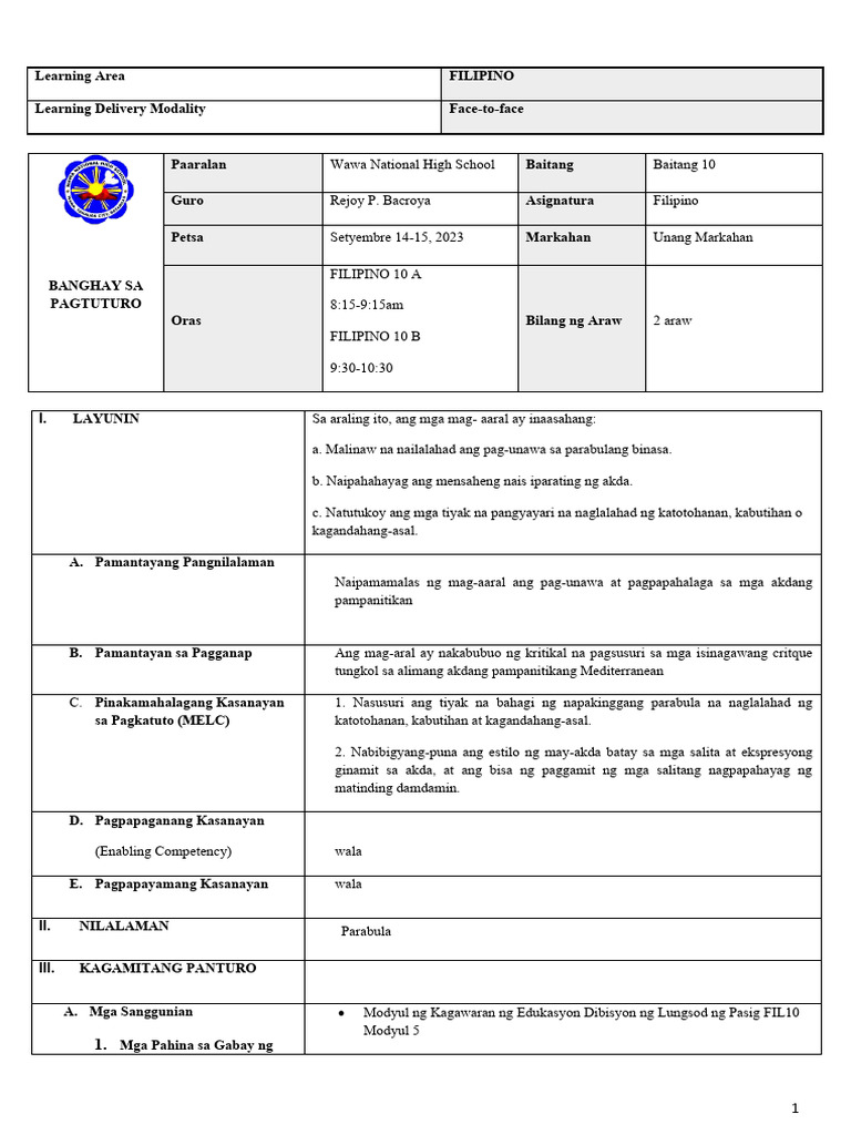 Lesson Plan Template - Filipino 10 5 | PDF