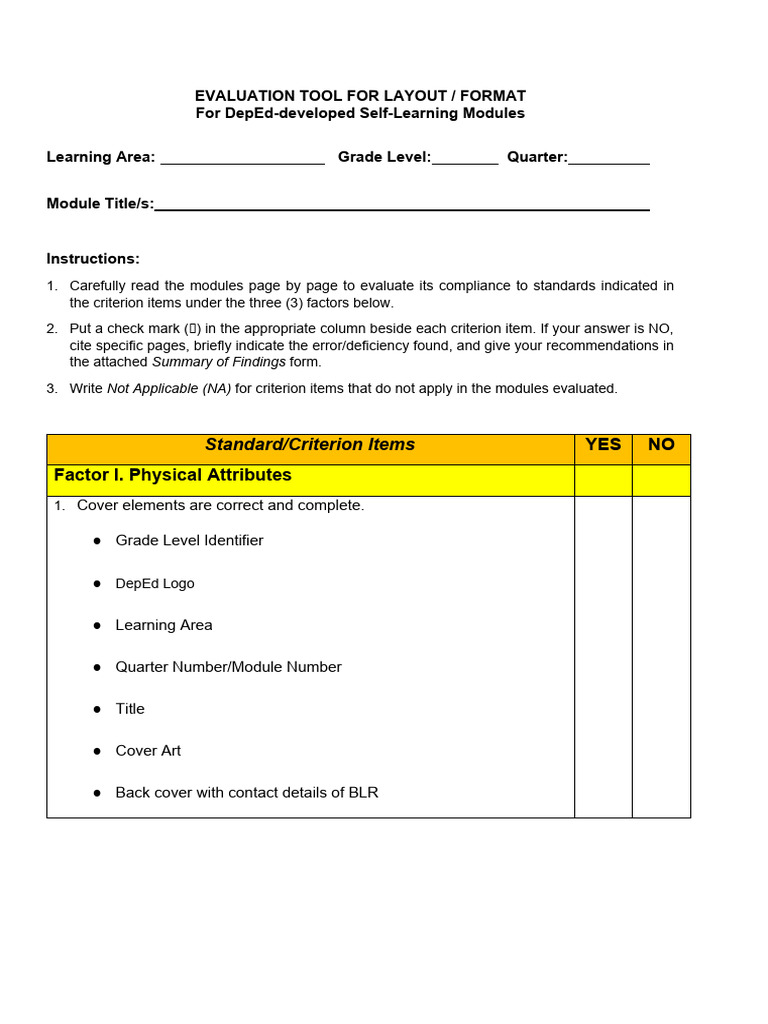 Evaluation Tool For Layout With Summary of Findings | PDF | Page Layout ...