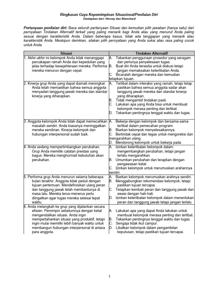 Penilaian Diri Kepemimpinan Situasional | PDF Penilaian Diri Kepemimpinan Situasional | PDF