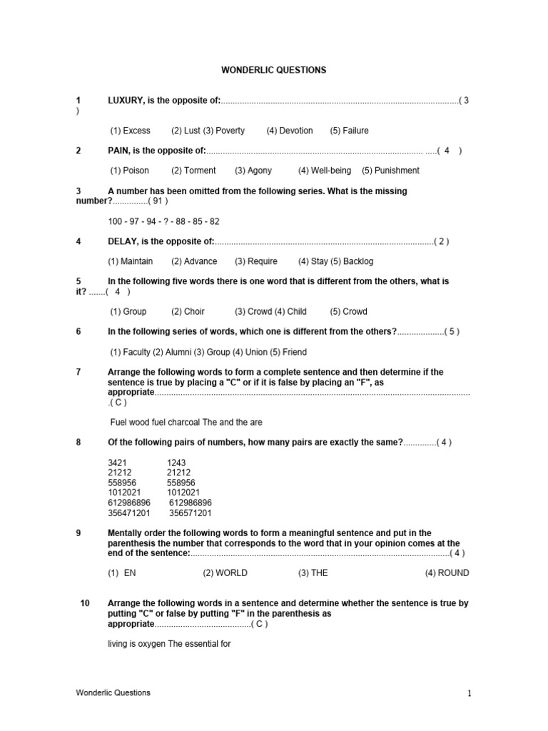 Wonderlic Answer Sheet | PDF