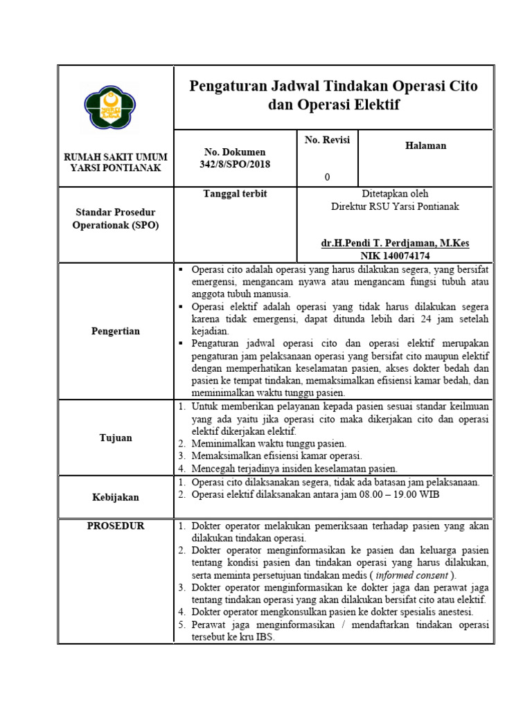 SPO Pengaturan Jadwal Tindakan Operasi Cito Dan Elektif | PDF | Sains ...