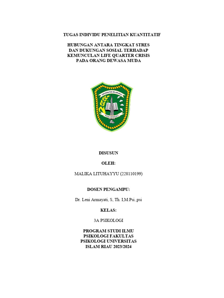 Malika Lituhayyu (228110199) Tugas Individu Penelitian Kuantitatif | PDF | Pengembangan Diri