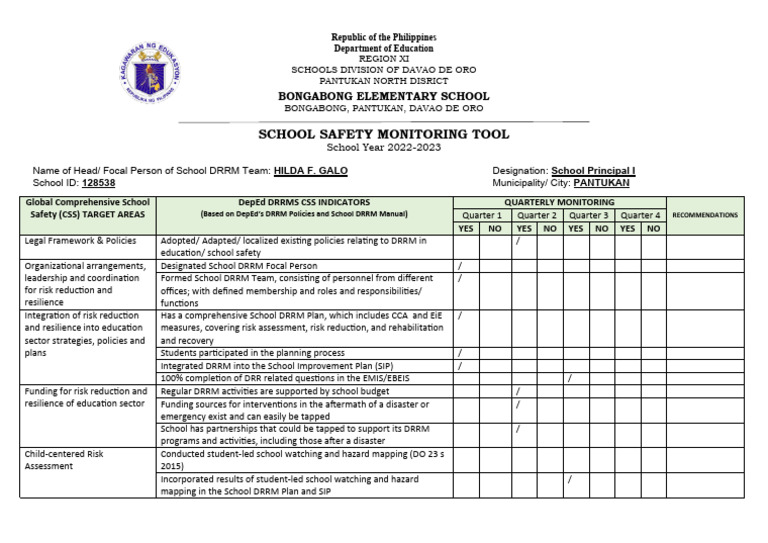 DRRM School Safety Monitoring Tool | PDF | Disaster Risk Reduction ...