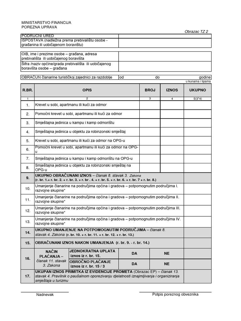 Obrazac TZ Turisticka Clanarina | PDF
