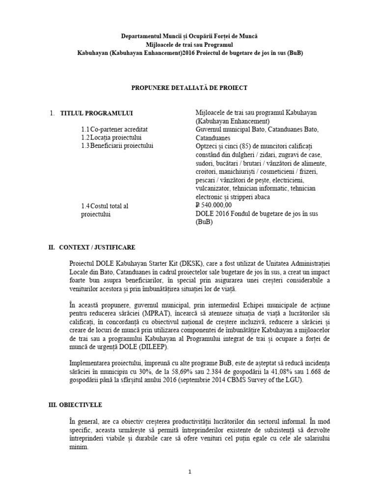 Propunere de Proiect-2016 BuB-DOLE Livelihood Sau Program Kabuhayan | PDF