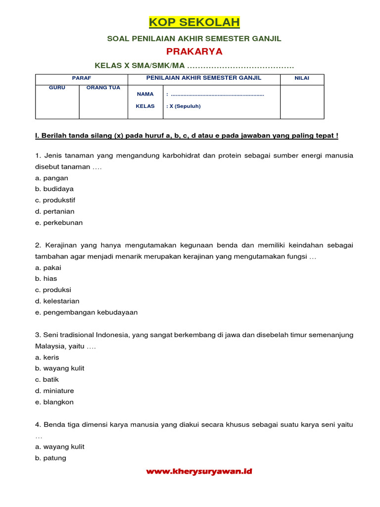 10 - Soal PAS PRAKARYA Kelas 10 Semester 1 - WWW - Kherysuryawan.id | PDF | Seni