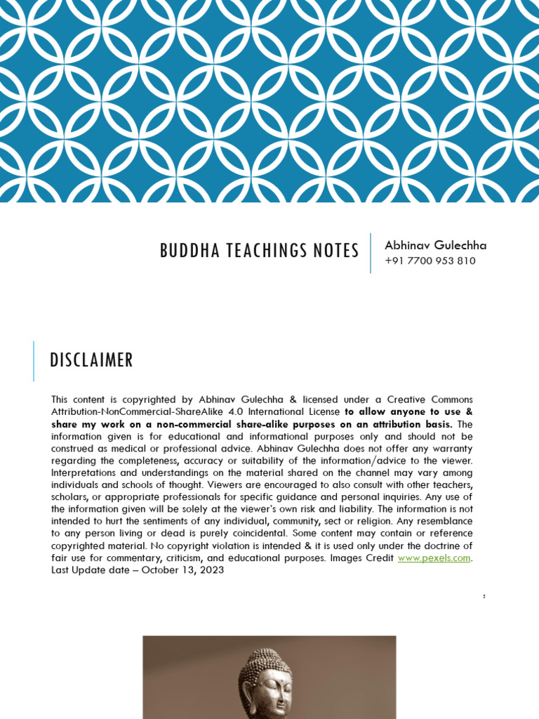 Buddha Teachings Notes - 13102023 | PDF | Noble Eightfold Path | Buddhahood