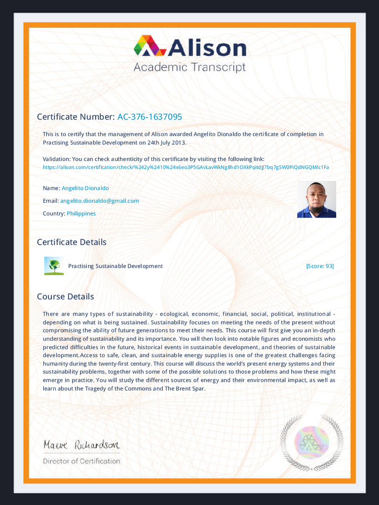 Alison Certificate Transcript Practising Sustainable Development | PDF