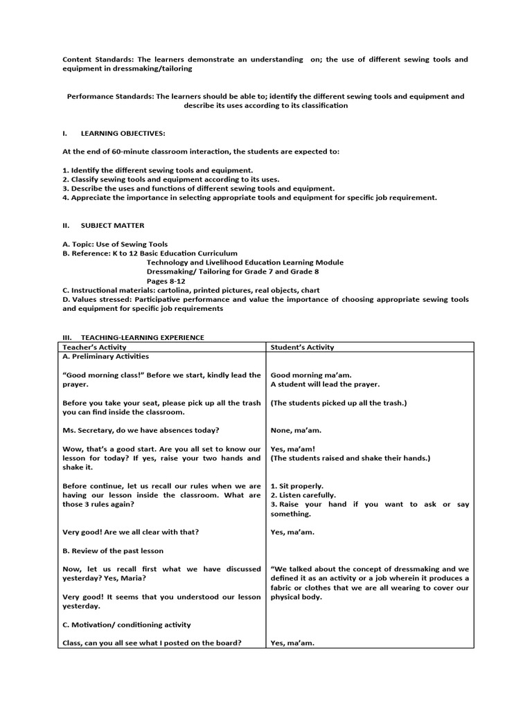 Detailed Lesson Plan in TLE | PDF | Sewing | Seam (Sewing)