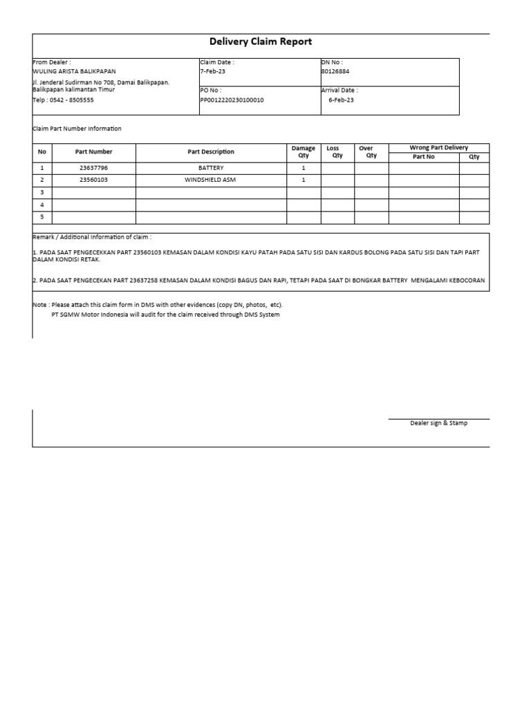 Contoh Form Claim | PDF