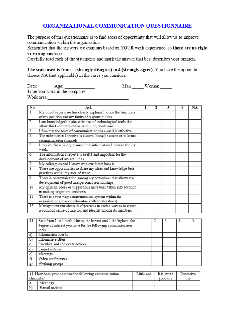 Organizational Communication Questionnaire | PDF | Communication ...