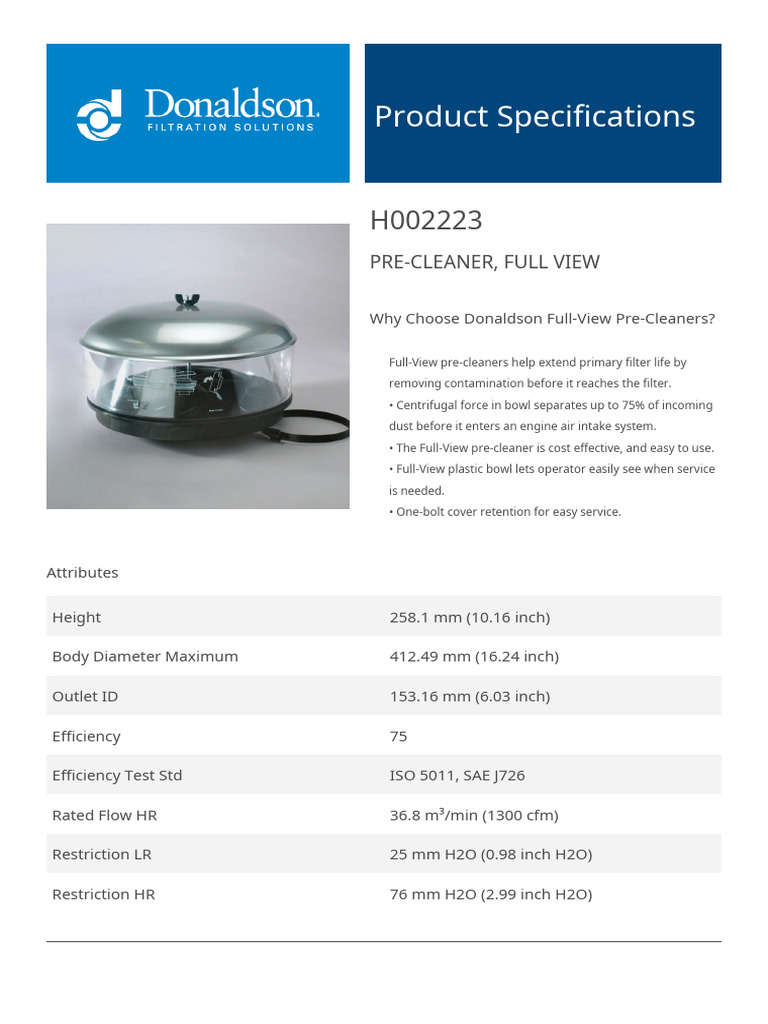 Donaldson Full-View Pre-Cleaner Specs | PDF