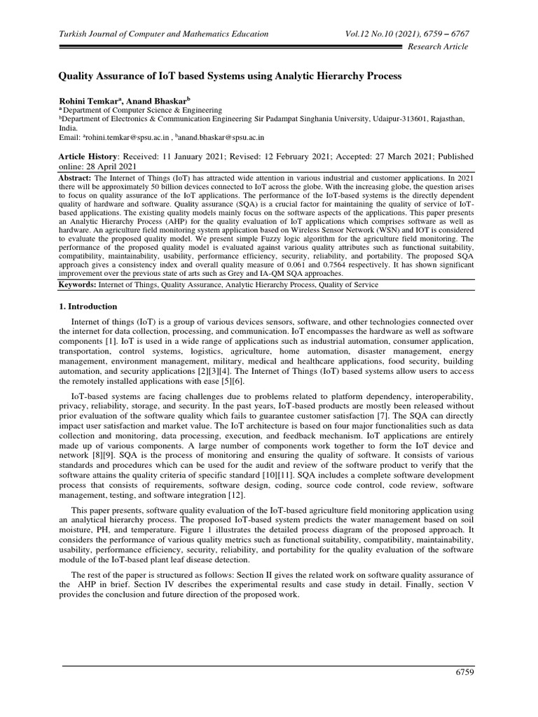 Quality Assurance Of Iot Based Systems Using Analytic Hierarchy Process Pdf Internet Of 