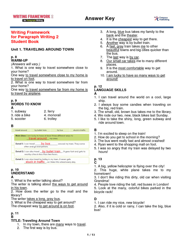 Writing Framework for Paragraph Writing 2_Answer Key | PDF | Bedroom ...